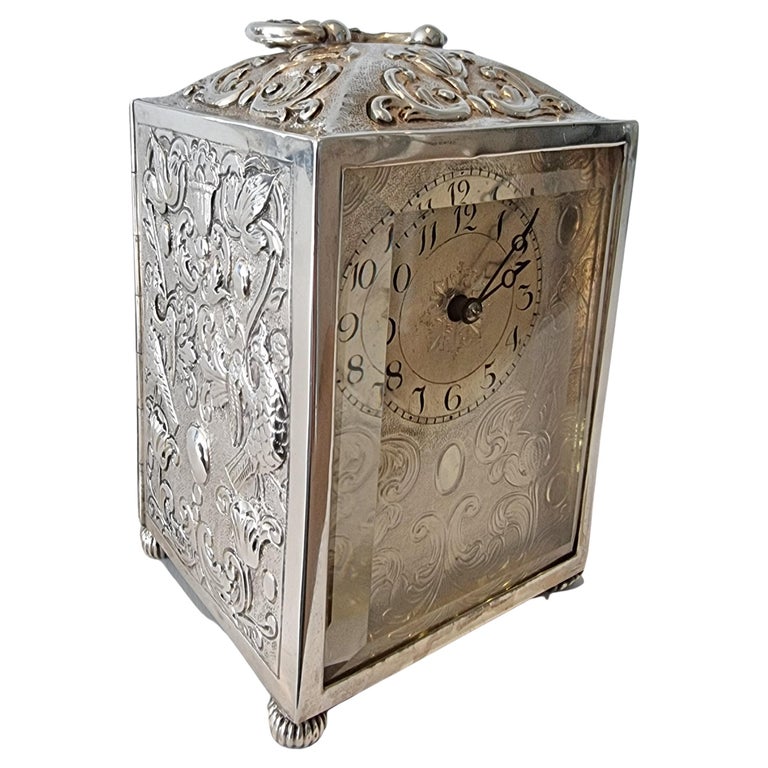 English Silver Repousse Striking Carriage Clock by William Comyns For ...