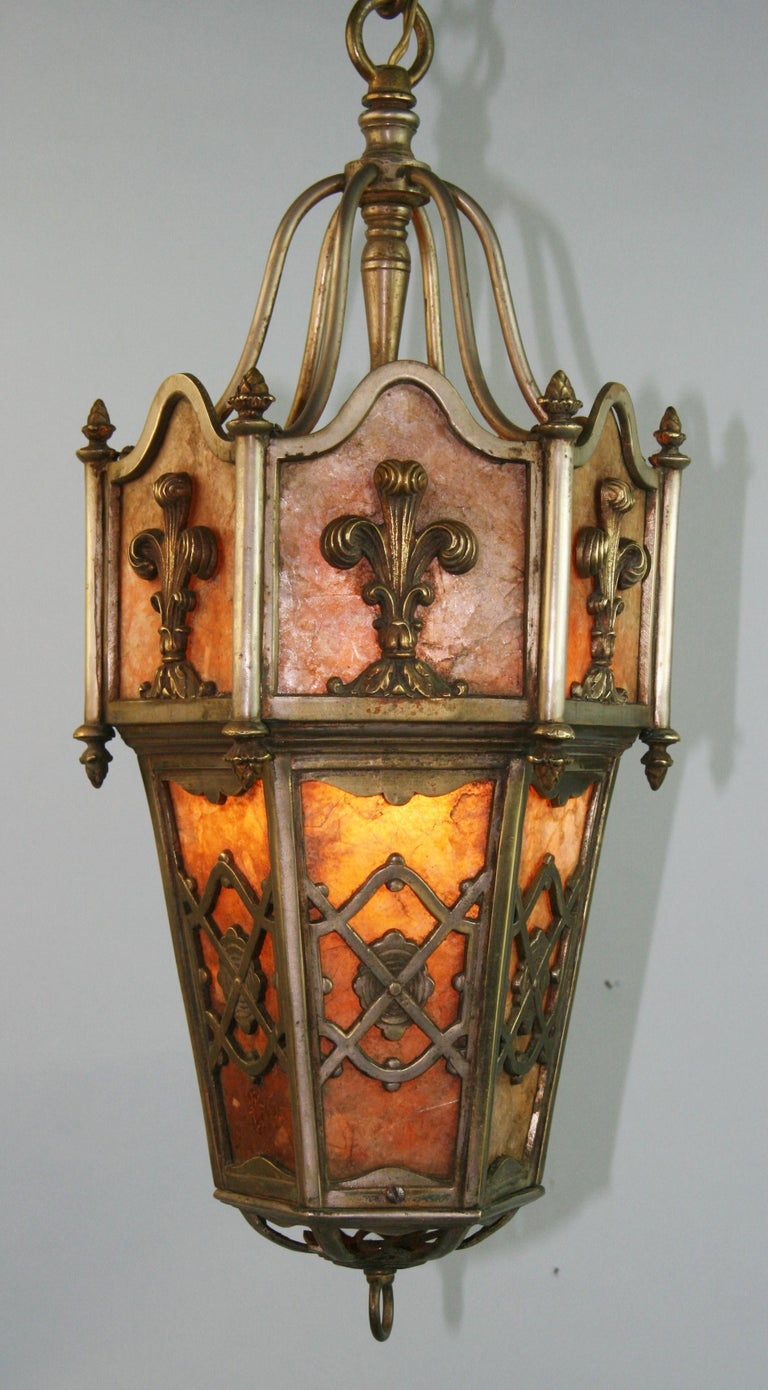 English Silvered Bronze Lantern with Mica Panels 1920's For Sale at 1stDibs