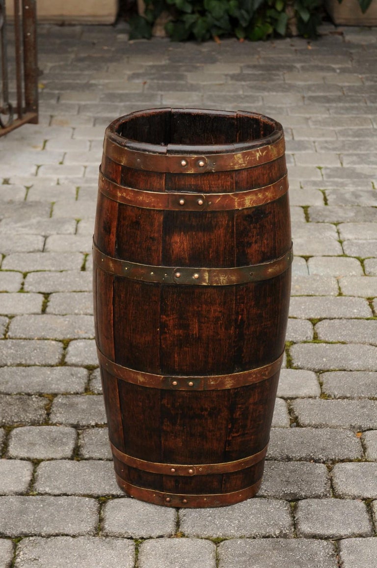 English Slender Rustic Oak Barrel with Brass Braces from the Turn of ...