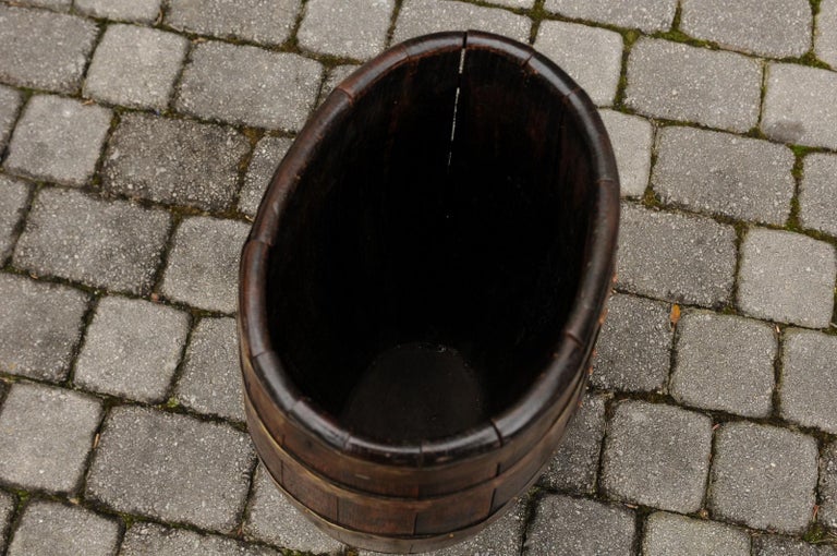 English Slender Rustic Oak Barrel with Brass Braces from the Turn of ...