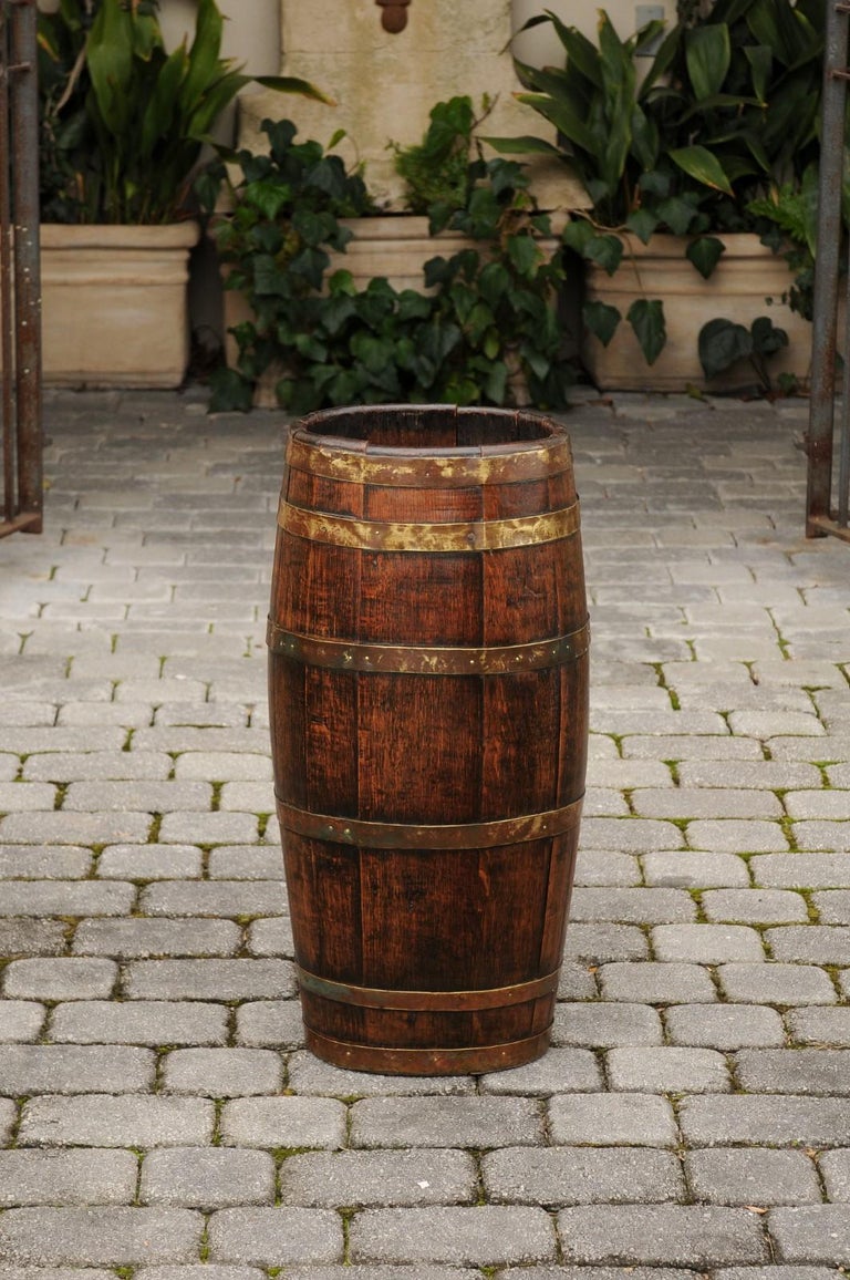 English Slender Rustic Oak Barrel with Brass Braces from the Turn of ...