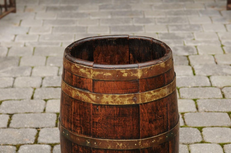 English Slender Rustic Oak Barrel with Brass Braces from the Turn of ...
