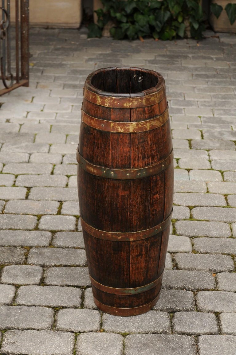 English Slender Rustic Oak Barrel with Brass Braces from the Turn of ...