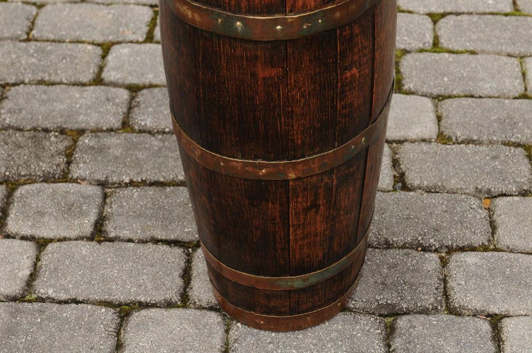 English Slender Rustic Oak Barrel with Brass Braces from the Turn of ...