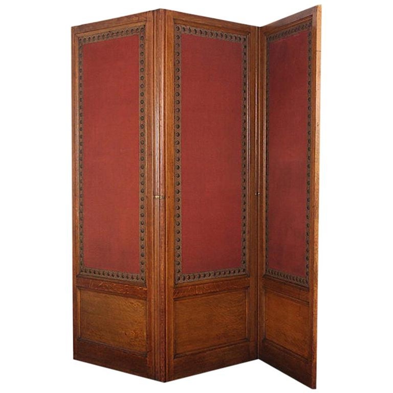 English Solid Oak and Upholstered Three-Panel Screen at 1stDibs
