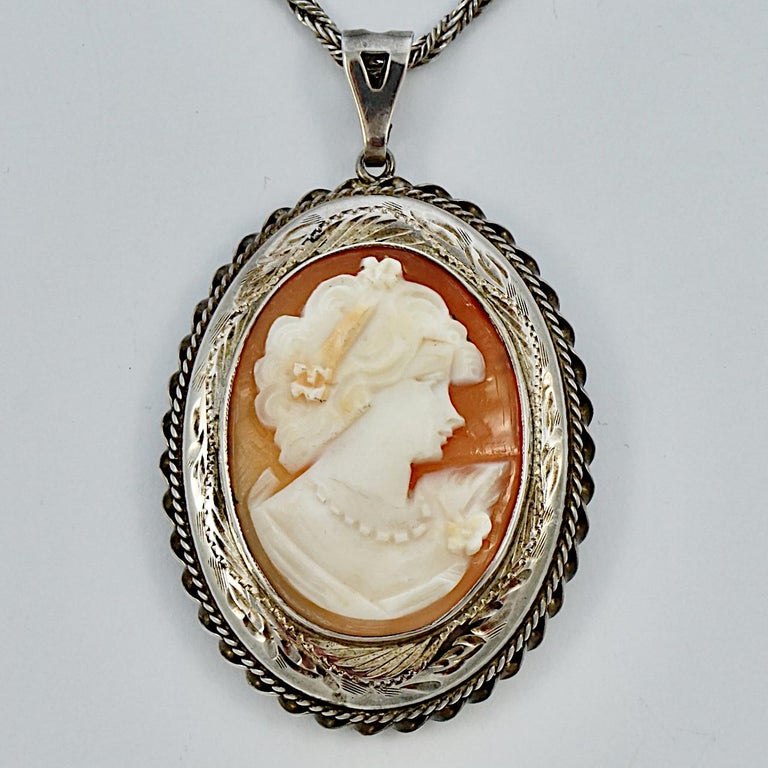 English Sterling Silver and Carved Shell Cameo Locket and Chain 1990s ...