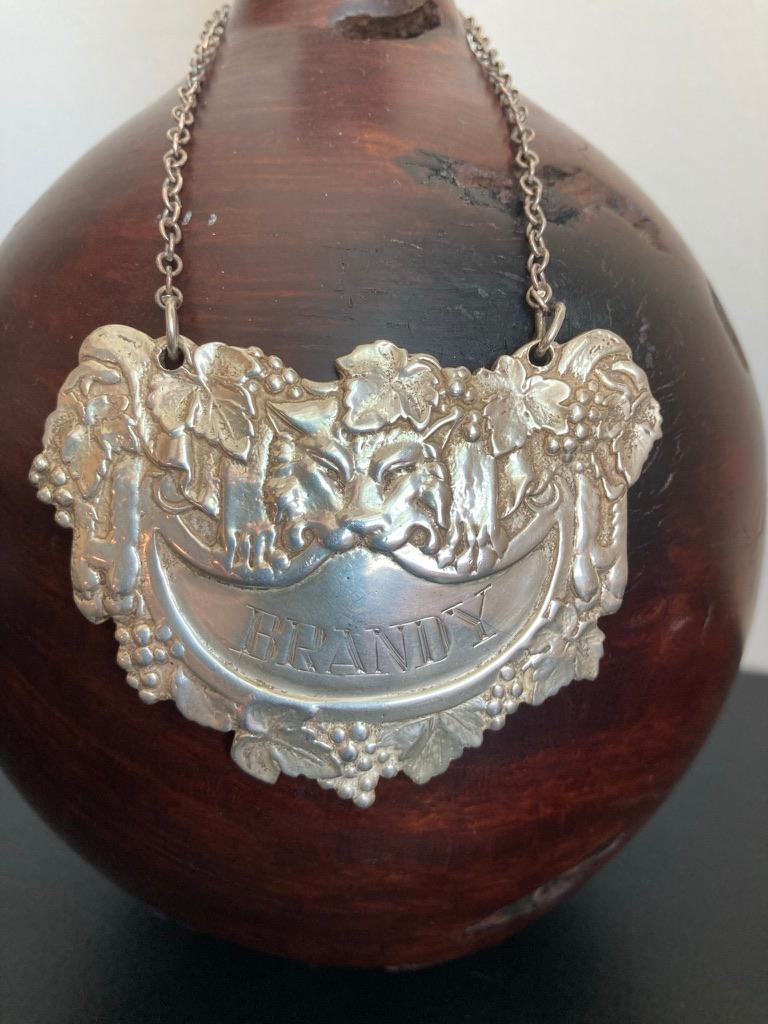 English Sterling Silver Brandy Carafe Label with Chain For Sale at 1stDibs