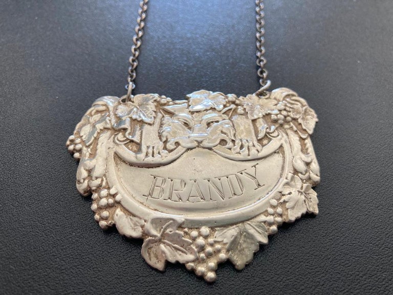 English Sterling Silver Brandy Carafe Label with Chain For Sale at 1stDibs