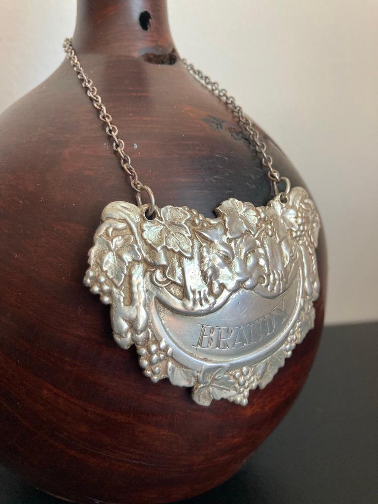 English Sterling Silver Brandy Carafe Label with Chain For Sale at 1stDibs