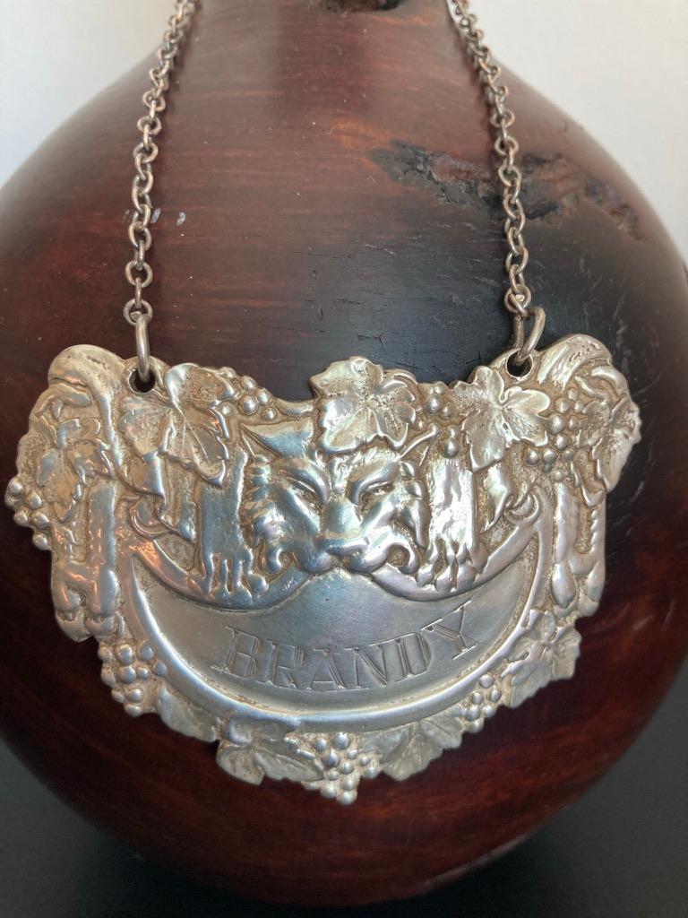 English Sterling Silver Brandy Carafe Label with Chain For Sale at 1stDibs