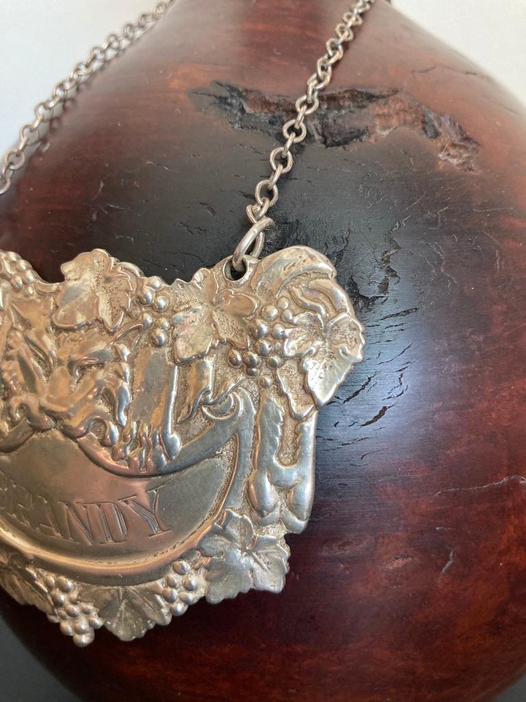 English Sterling Silver Brandy Carafe Label with Chain For Sale at 1stDibs