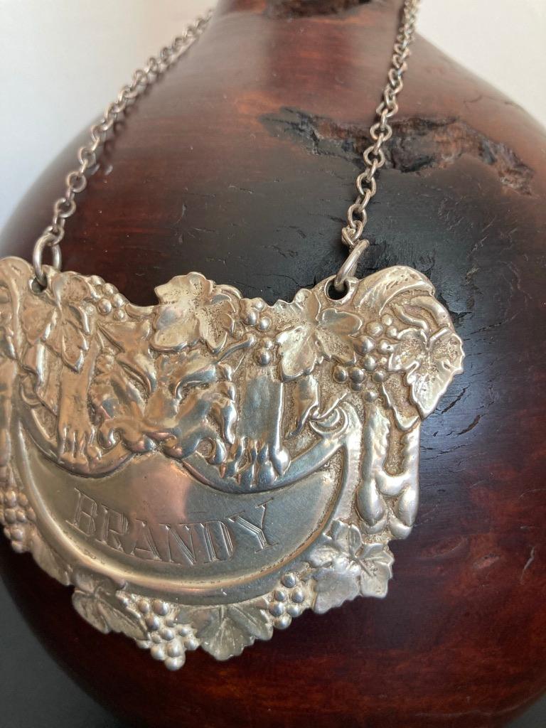 English Sterling Silver Brandy Carafe Label with Chain For Sale at 1stDibs