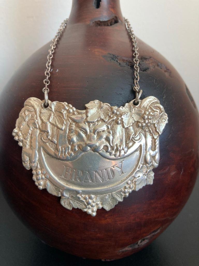 English Sterling Silver Brandy Carafe Label with Chain For Sale at 1stDibs