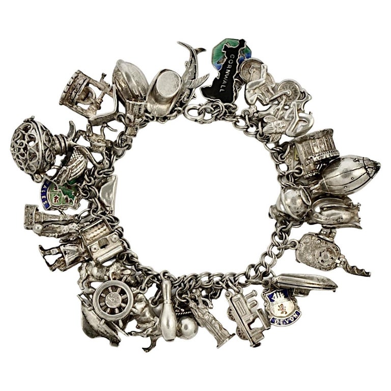 English Sterling Silver Double Link Charm Bracelet 1960s For Sale at ...