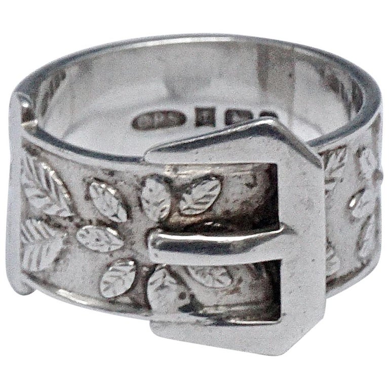 English Sterling Silver Flower and Leaf Buckle Ring 1970s at 1stDibs