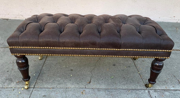 English Style Deep Tufted Bench Upholstered in Brown Leather For Sale ...