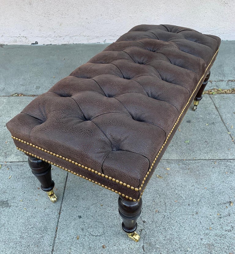English Style Deep Tufted Bench Upholstered in Brown Leather For Sale ...