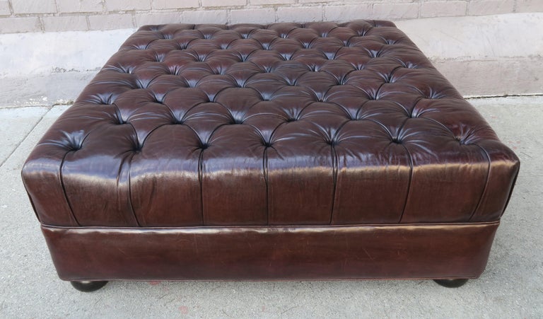 English Style Leather Tufted Ottoman with Bun Feet at 1stDibs