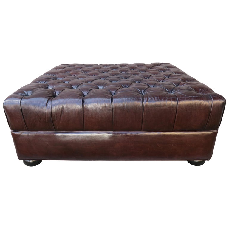 English Style Leather Tufted Ottoman with Bun Feet at 1stDibs