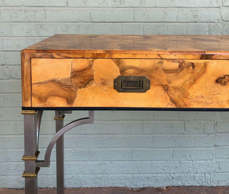 English Three-Drawer Console Table of Olive Wood on Metal Legs at ...