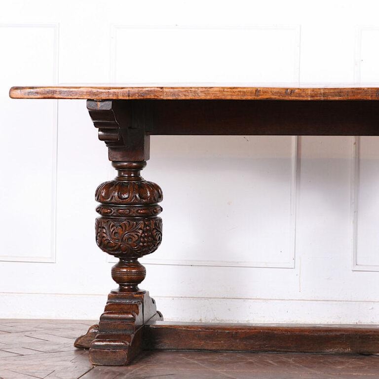 English Three Pedestal Heavily Carved Oak Trestle Table For Sale at 1stDibs
