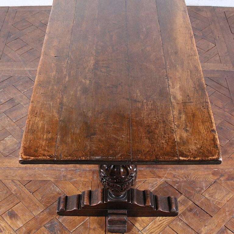 English Three Pedestal Heavily Carved Oak Trestle Table For Sale at 1stDibs