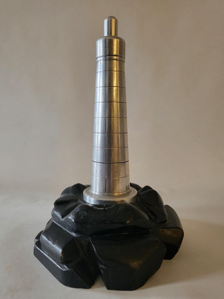 English Trench-Art Aluminum and Wood, Lighthouse, Wheel and Flint Table ...