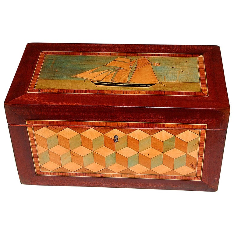 English Trinity House Tea Caddy, Inlaid Sailing Ship and Parquetry ...