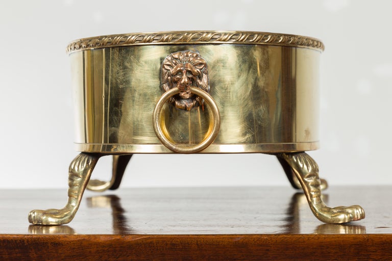 English Turn of the Century Oval Brass Cachepot with Lion Heads and Paw ...