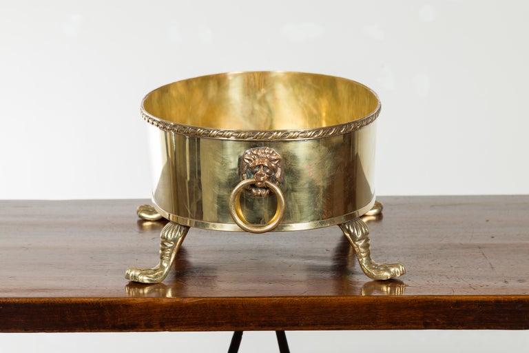 English Turn of the Century Oval Brass Cachepot with Lion Heads and Paw ...