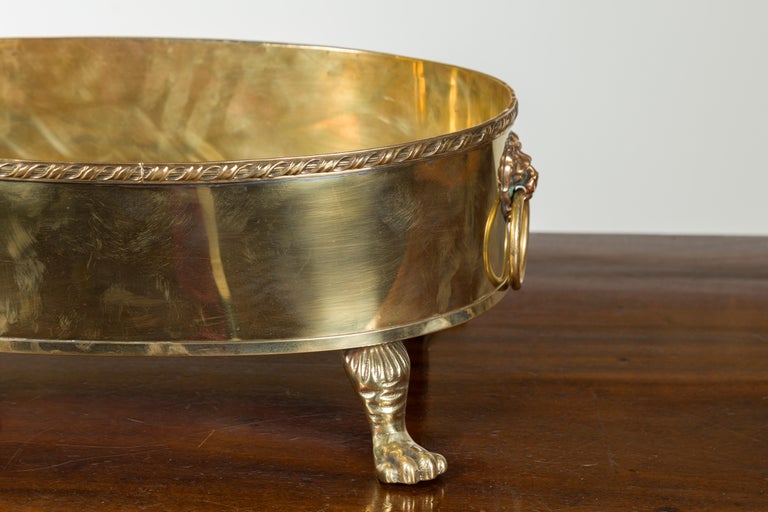 English Turn of the Century Oval Brass Cachepot with Lion Heads and Paw ...