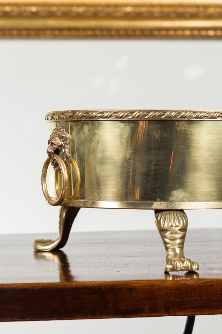 English Turn of the Century Oval Brass Cachepot with Lion Heads and Paw ...