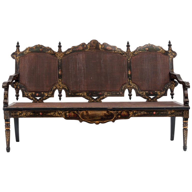 English Victorian Black Lacquered Floral Settee For Sale at 1stDibs