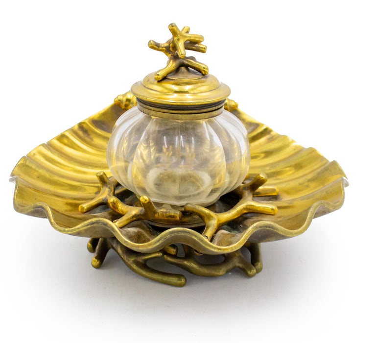 English Victorian Brass and Crystal Inkwell For Sale at 1stDibs