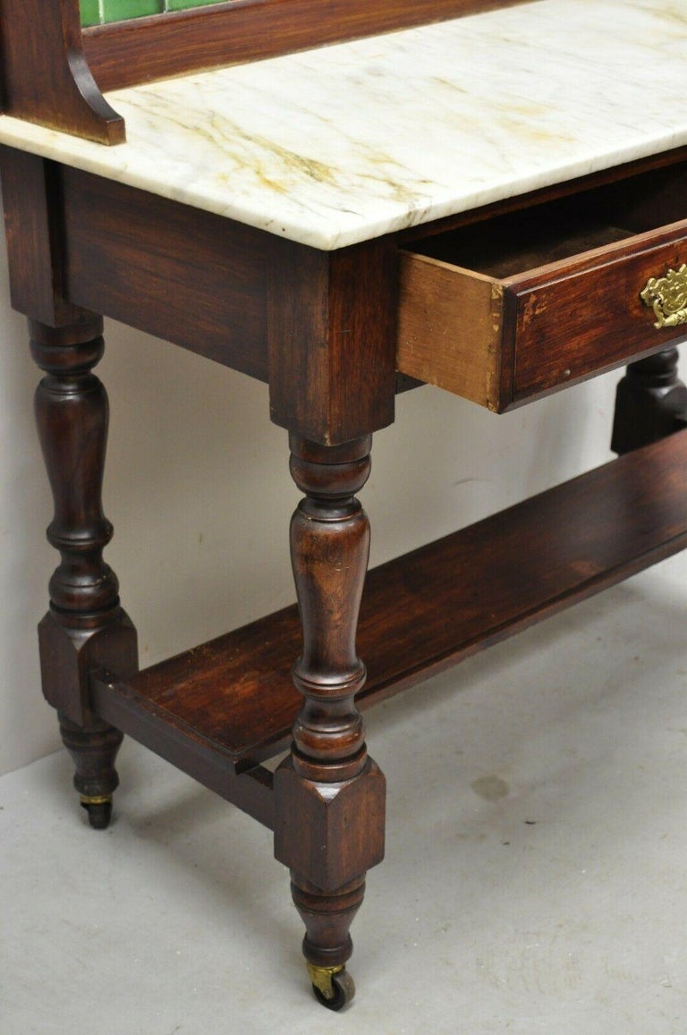 English Victorian Green Ceramic Tile Backsplash Marble Top Washstand ...