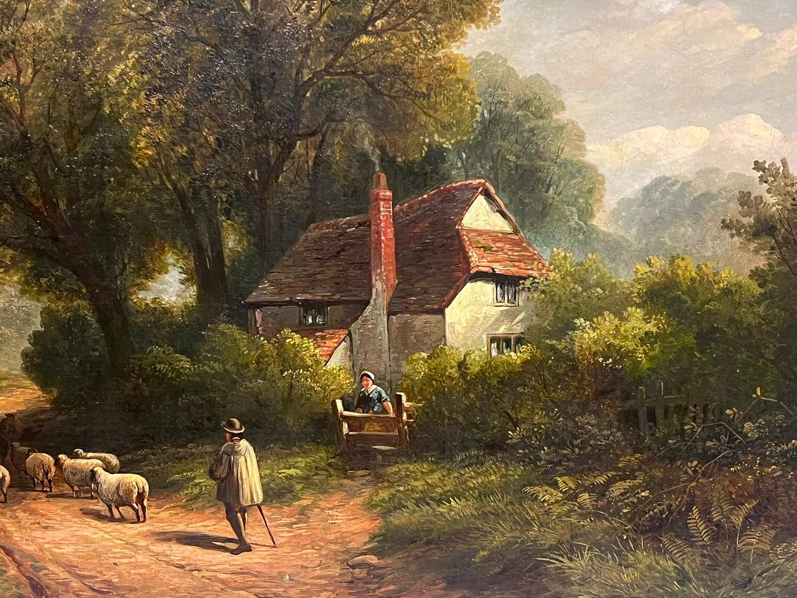 English Victorian Oil - Shepherd with Sheep Village Country Lane ...