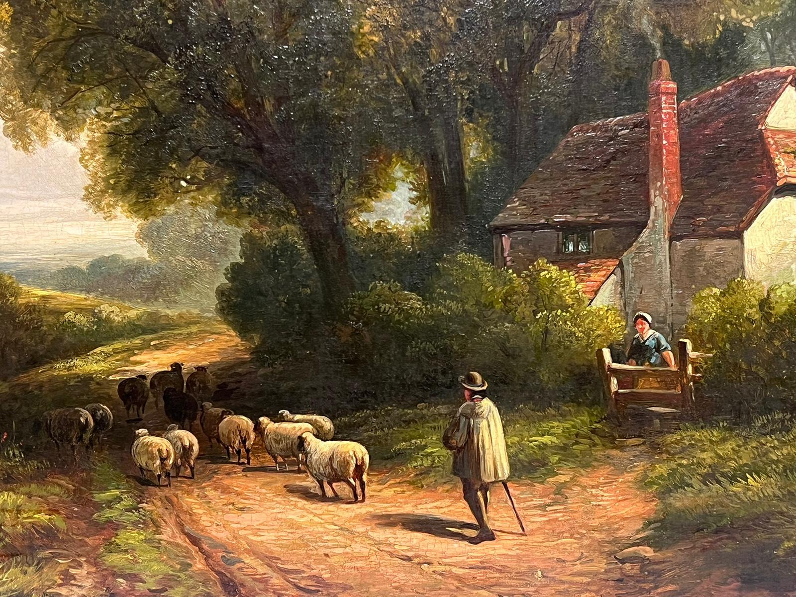 English Victorian Oil - Shepherd with Sheep Village Country Lane ...