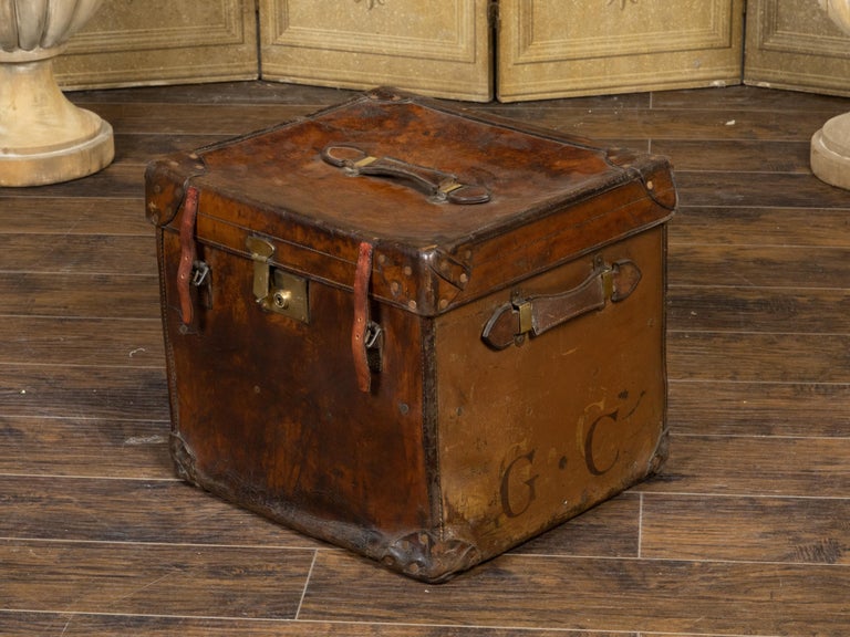 English Victorian Period 1880s Leather Hide Hat Case with Removable ...