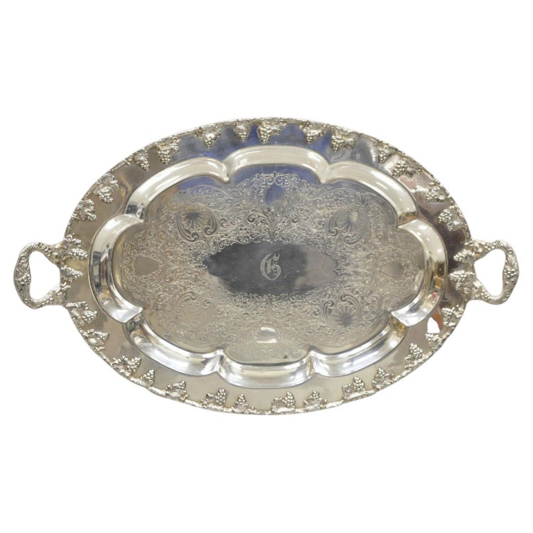 English Victorian Regency Silver Plate Oval Grapevine Platter Tray with ...