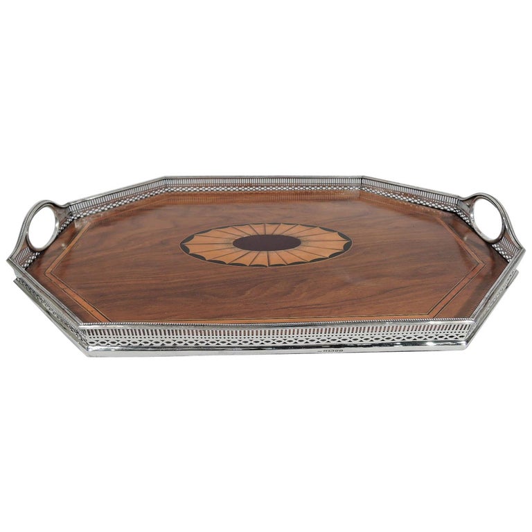 English Victorian Regency Sterling Silver and Marquetry Tray For Sale ...
