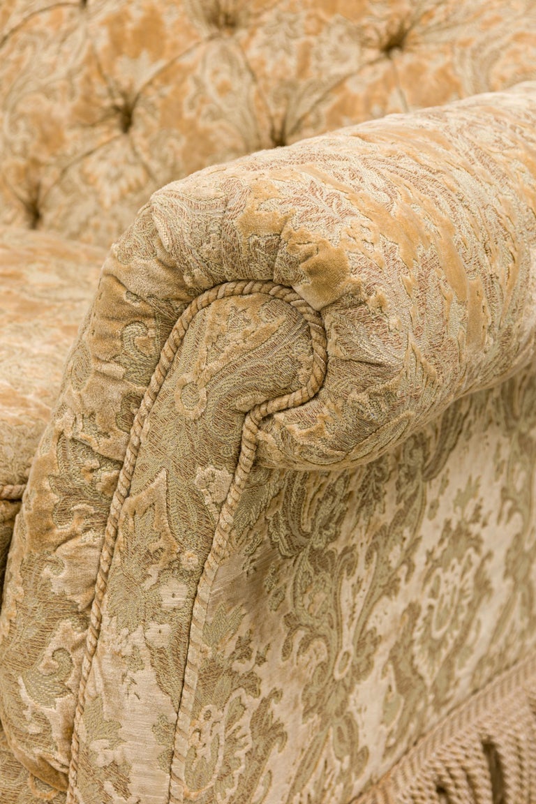 English Victorian-Style Gold Velvet Damask Button Tufted and Fringed ...
