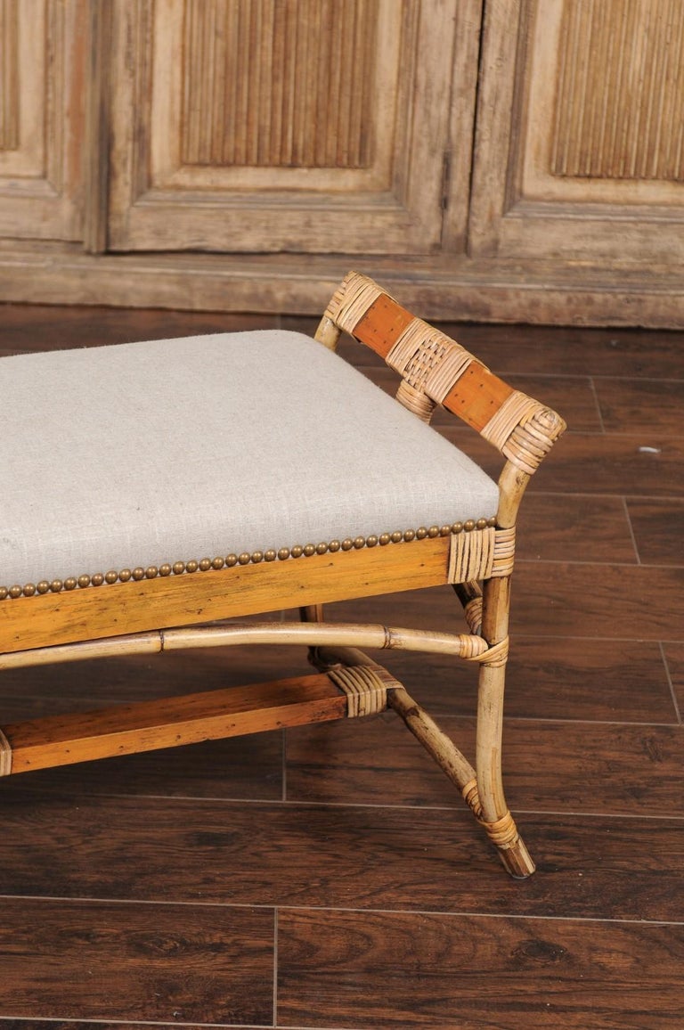 English Vintage Bamboo Midcentury Bench with New Upholstery and Arched ...