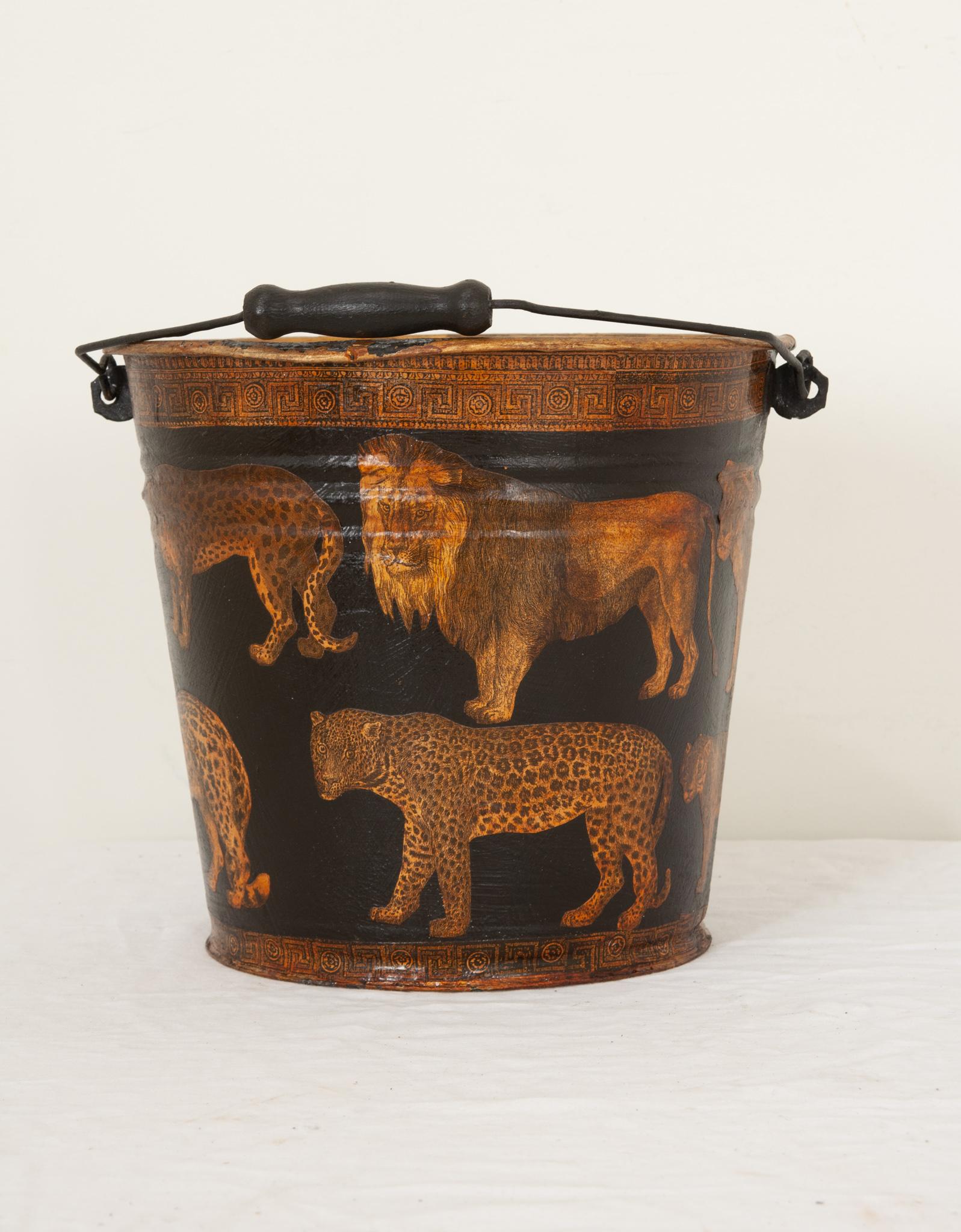 English Vintage Metal Decoupaged Pail For Sale at 1stDibs