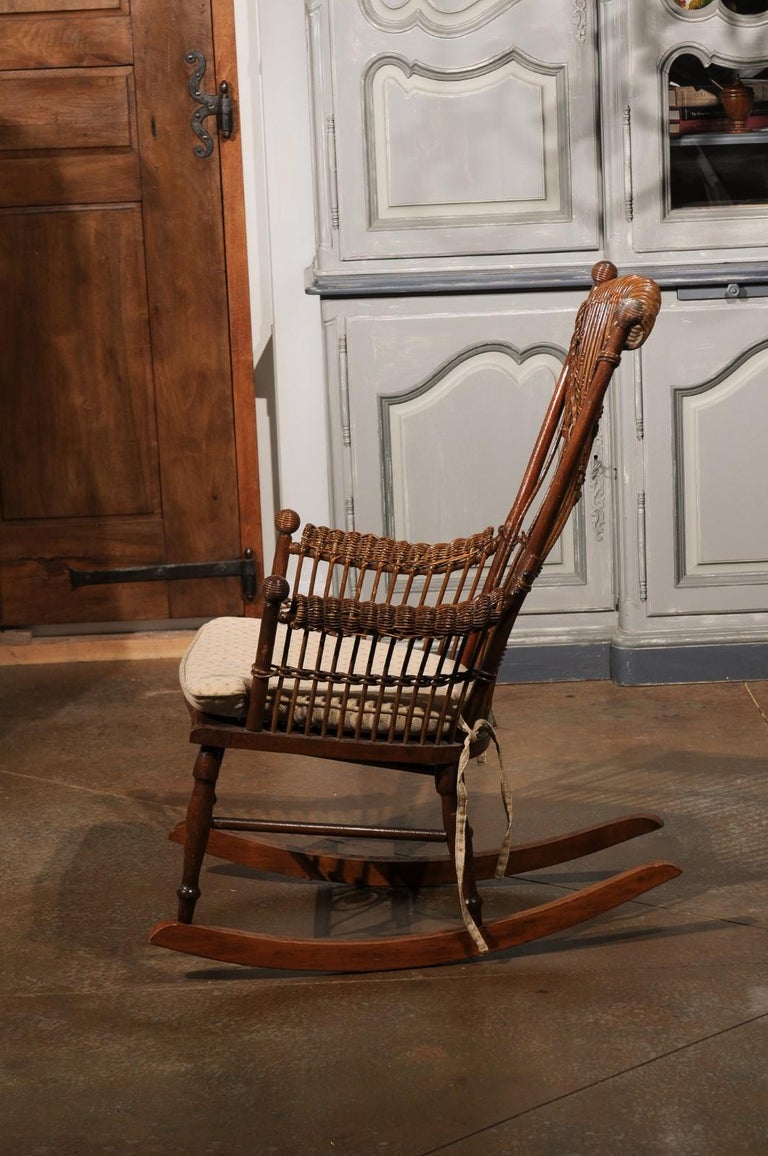English Vintage Stick Back Rocking Chair with Woven Rattan Accents and ...