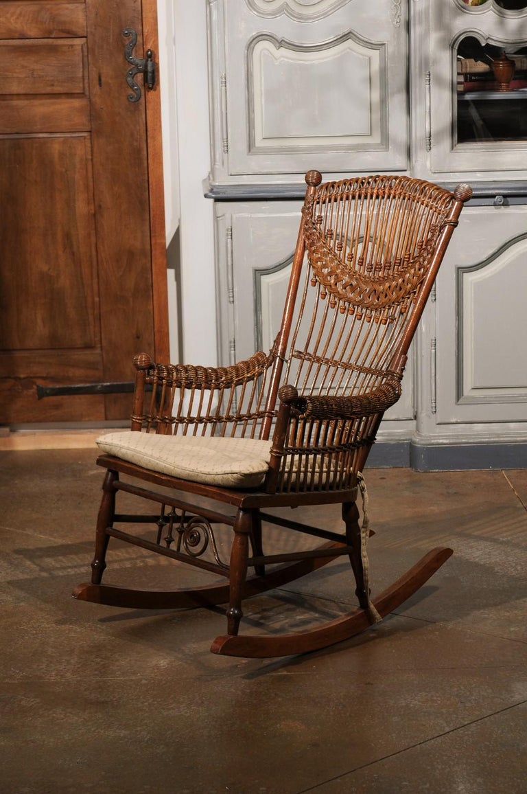 English Vintage Stick Back Rocking Chair with Woven Rattan Accents and ...