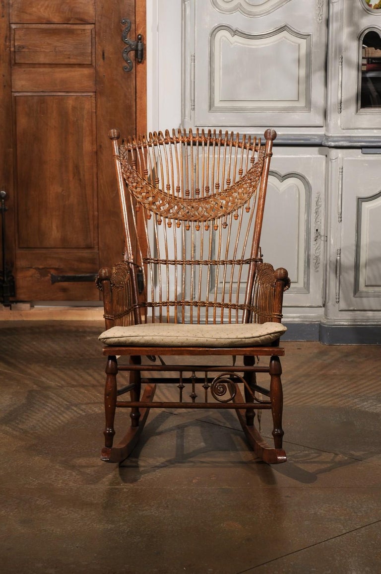 English Vintage Stick Back Rocking Chair with Woven Rattan Accents and ...