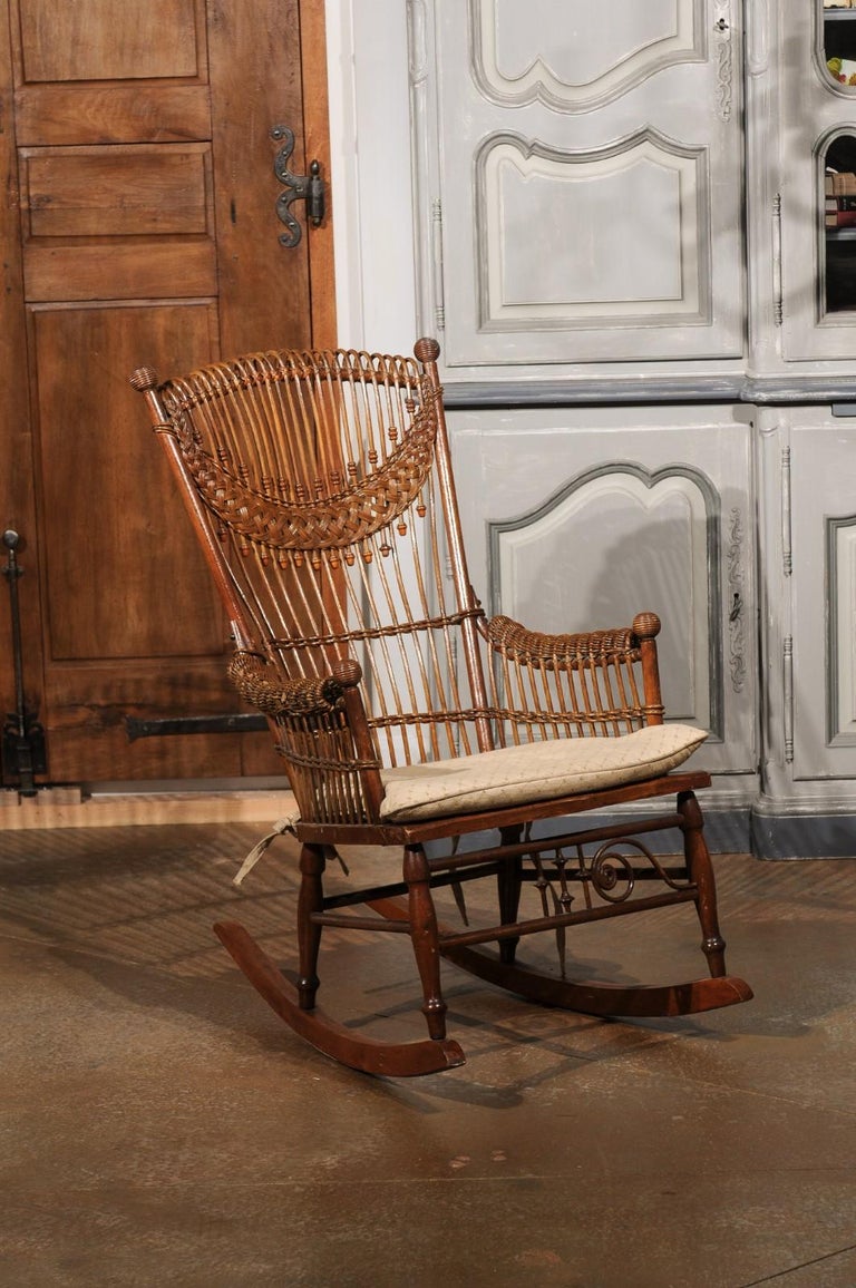 English Vintage Stick Back Rocking Chair with Woven Rattan Accents and ...