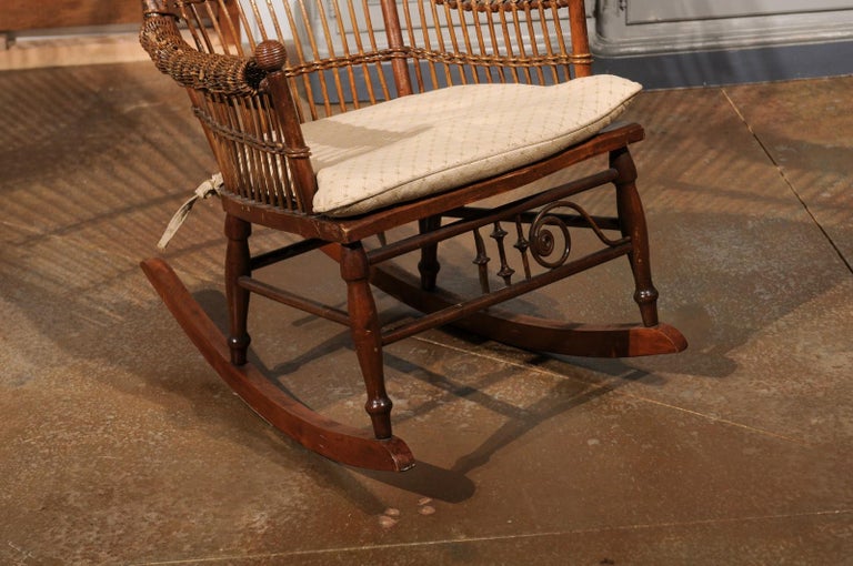 English Vintage Stick Back Rocking Chair with Woven Rattan Accents and ...