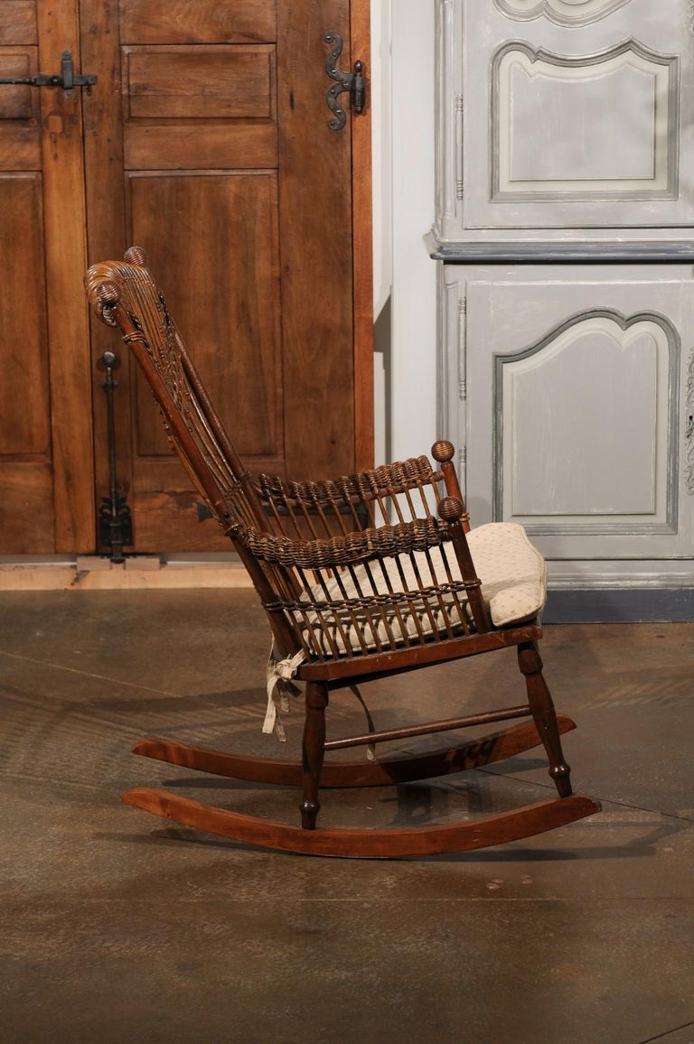 English Vintage Stick Back Rocking Chair with Woven Rattan Accents and ...