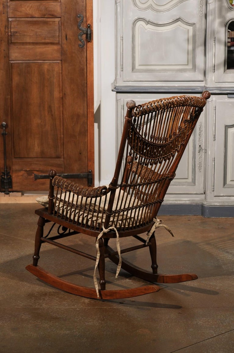 English Vintage Stick Back Rocking Chair with Woven Rattan Accents and ...